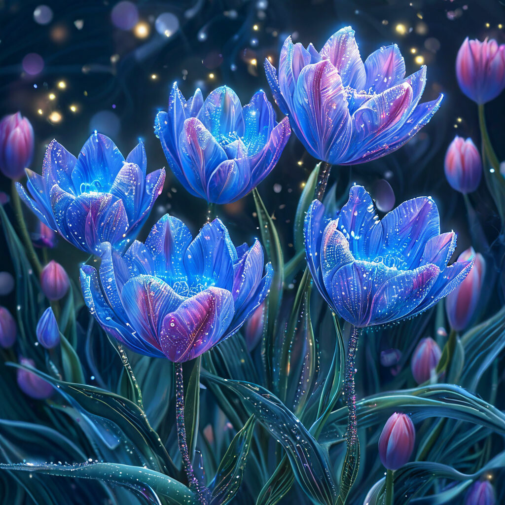 " In a magical fairy tale there's delicate blue-neon tulip flowers ...
