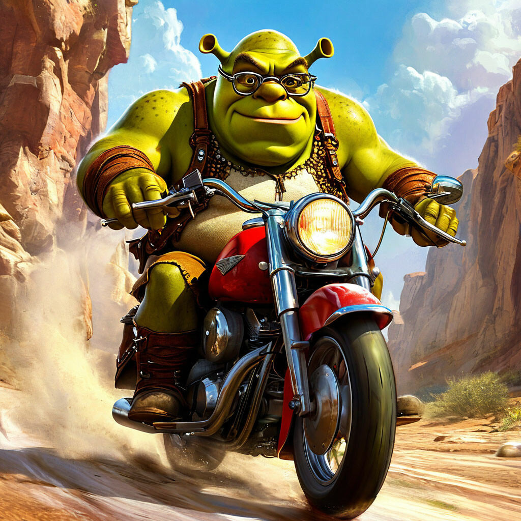 «Шрек в очках едет на мотоцикле» — картинка создана в Шедевруме