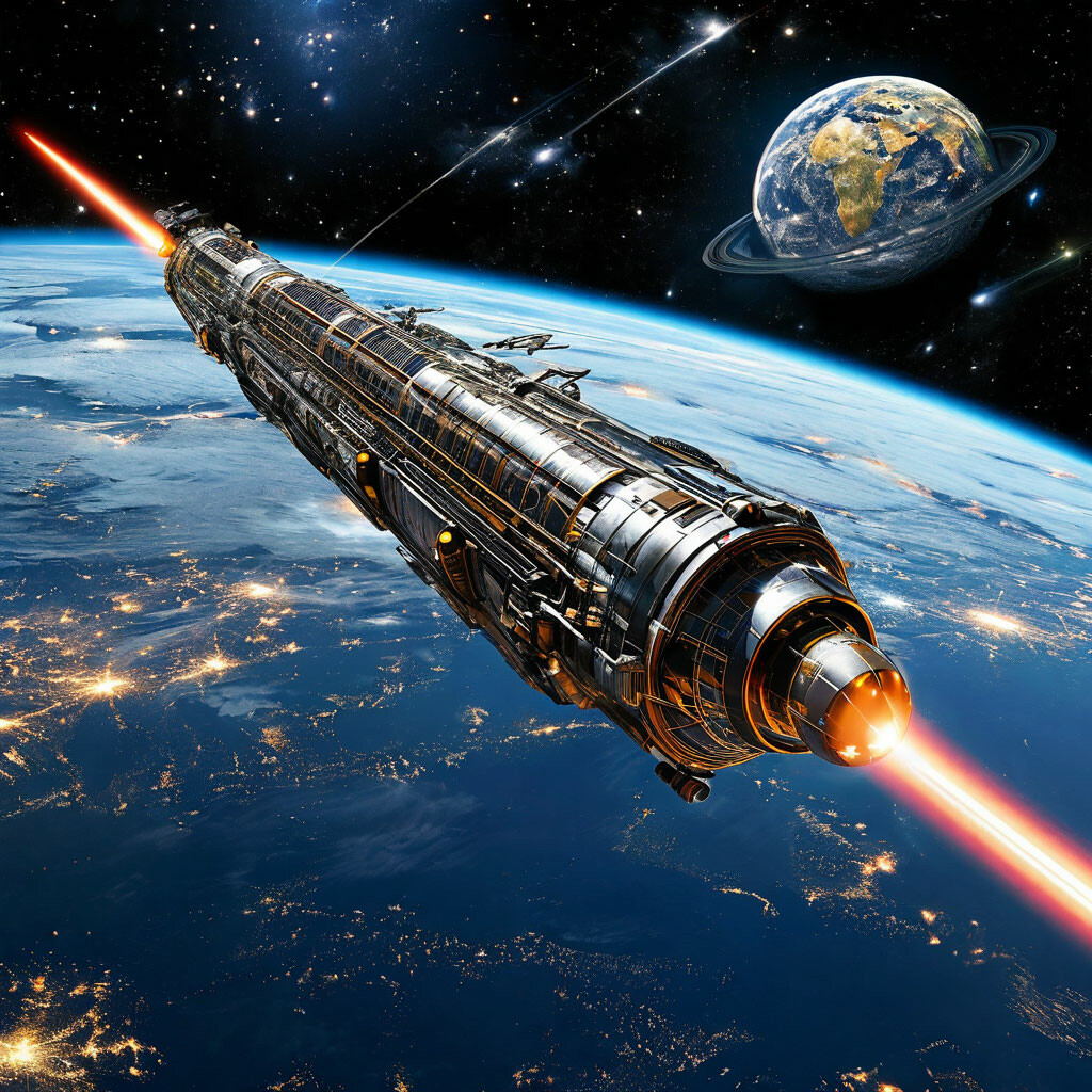 "Space train powered by ion engine, orbiting the earth and the Moon ...