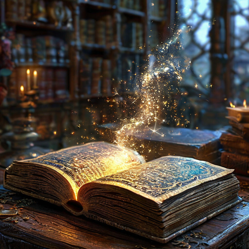 "A magical book, a magical radiance …" — image created in Shedevrum