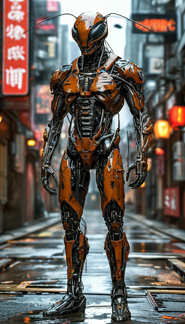 "Biomechanical anatomy, cyberpunk,Cockroach man in full growth,realism ...