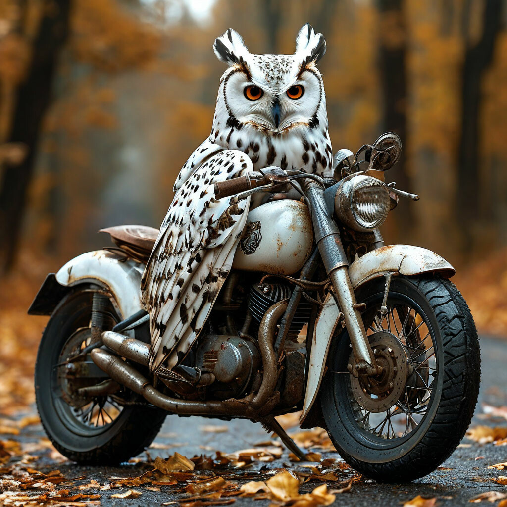 "White owl on a motorcycle" — image created in Shedevrum