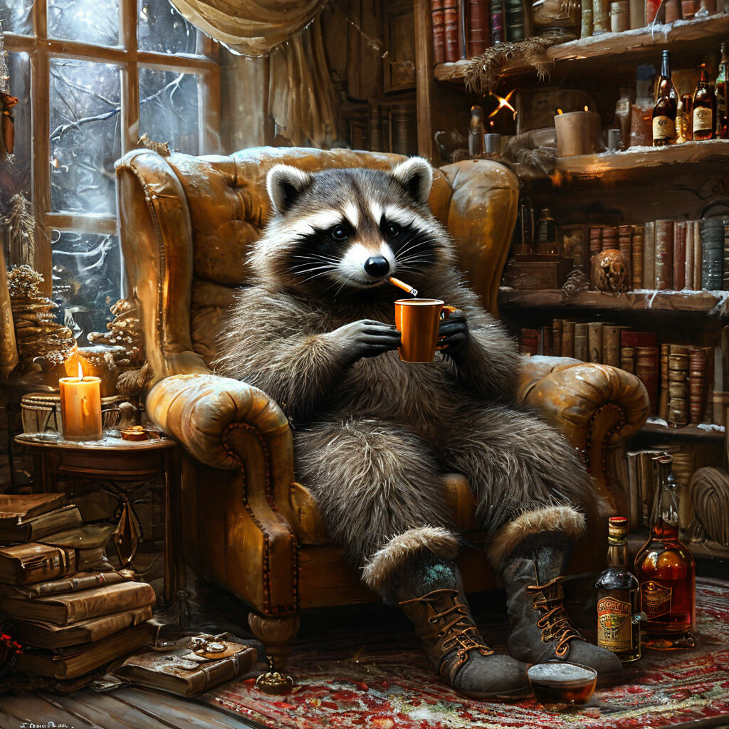 "Un mapache Fabuloso, sentado en una silla, cerca de la chimenea, está ...
