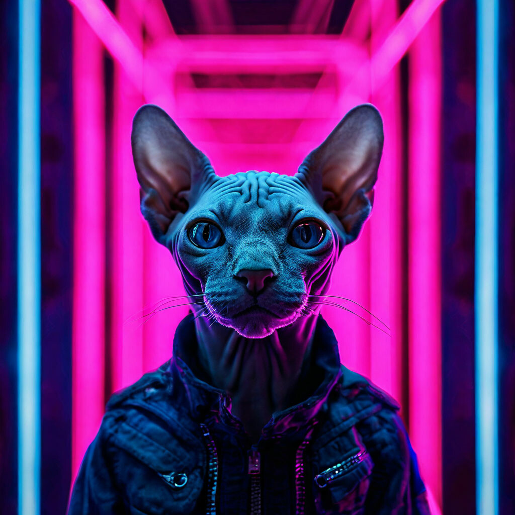 "Bald space cat in infinity neon …" — image created in Shedevrum