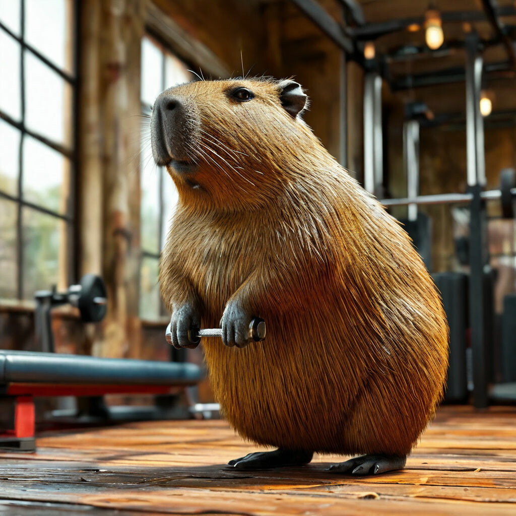 "Capybara works out in the gym" — image created in Shedevrum