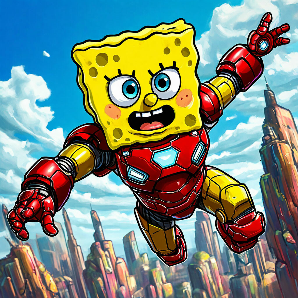 "SpongeBob in an iron man costume …" — image created in Shedevrum