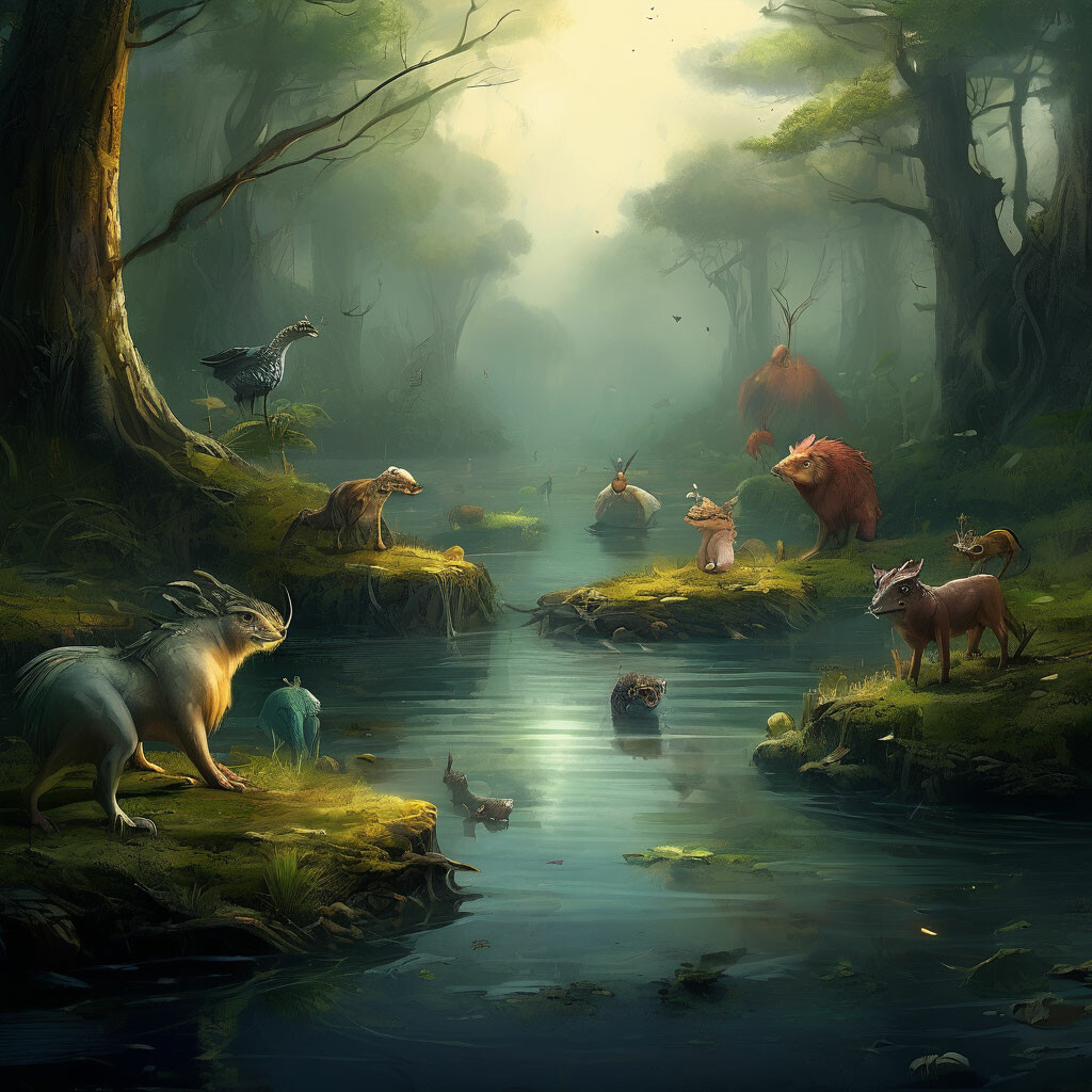 "Swamp with fantastic animals, fantasy" — image created in Shedevrum