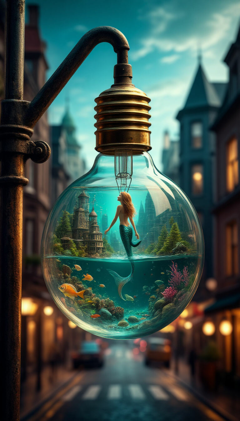". Bulb hanging on high stick street lamp city A microworld mermaid ...