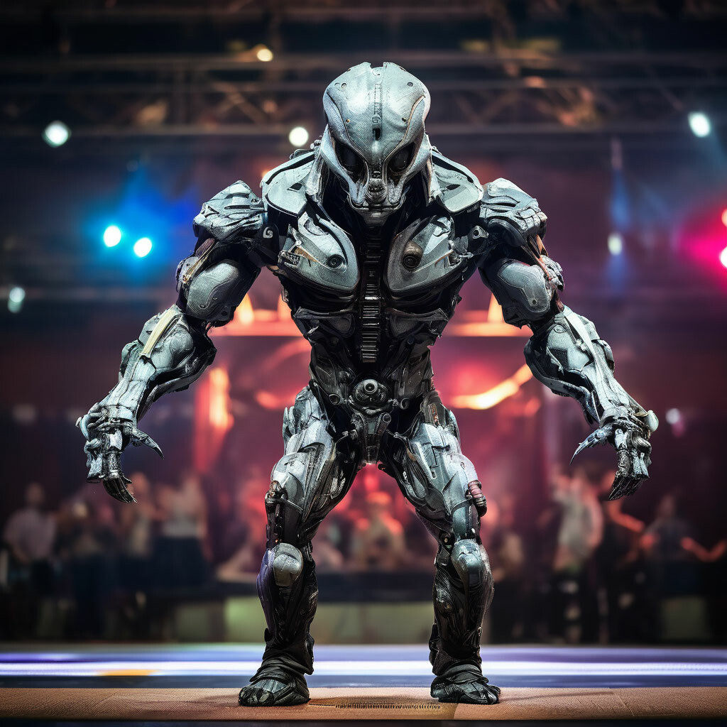 "An alien robot performs at the …" — image created in Shedevrum