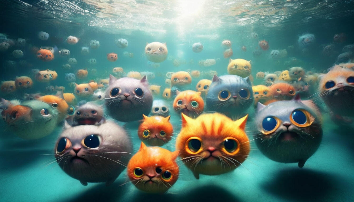 "A thousand bug-eyed spherical cats swim underwater, bug-eyed spherical ...