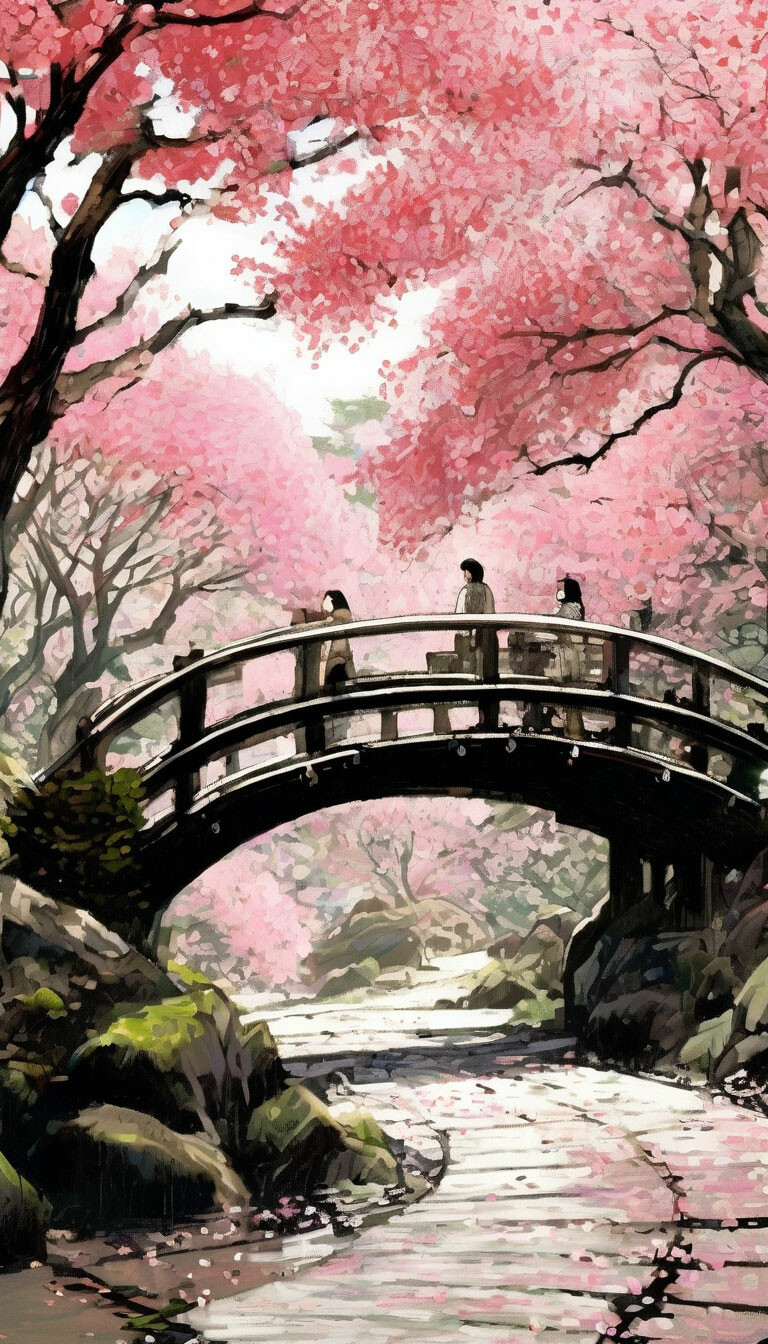"In the Japanese garden Sakura over the bridge geisha on the bridge ...