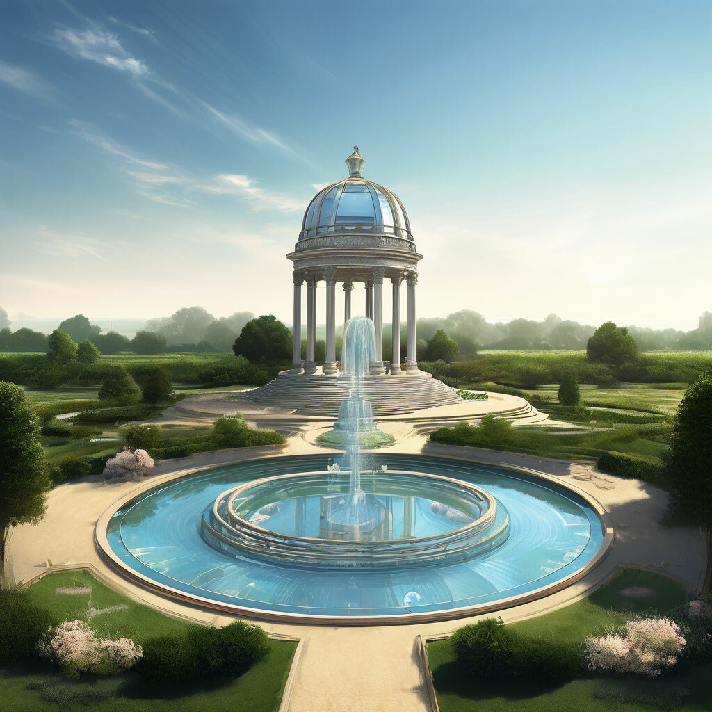 "Glass rotunda with fountain, glade, perspective, horizon, view from ...