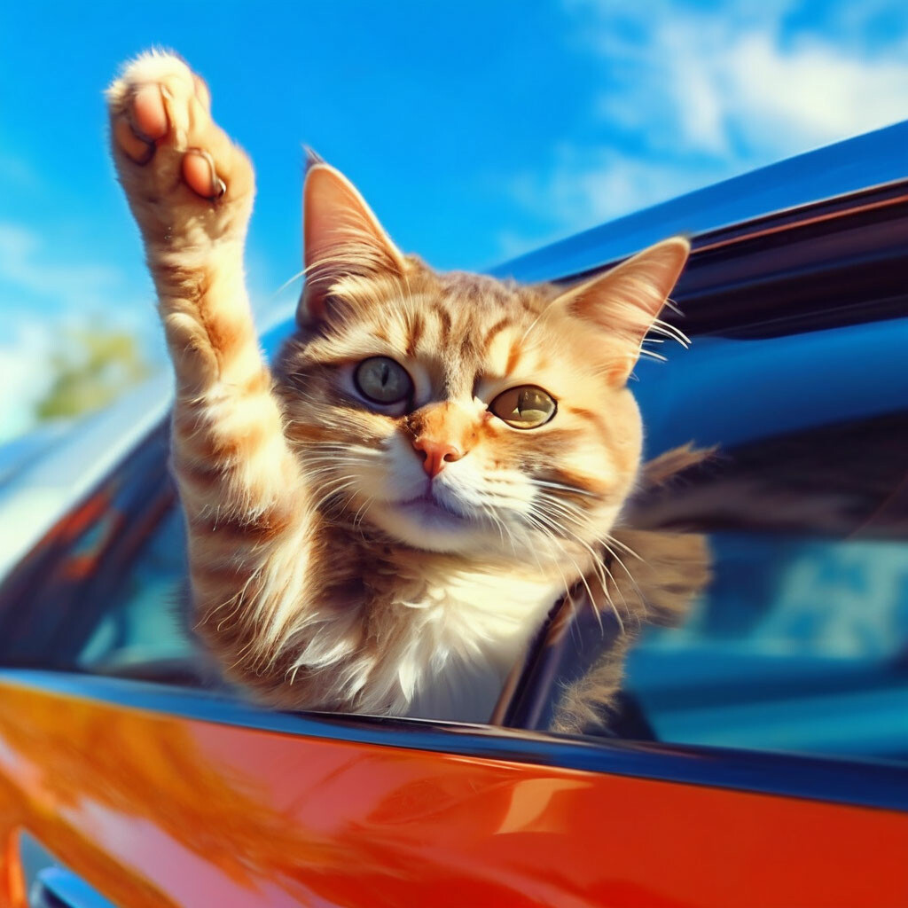 "Happy cat neural network waves his paw from the car" — image created ...