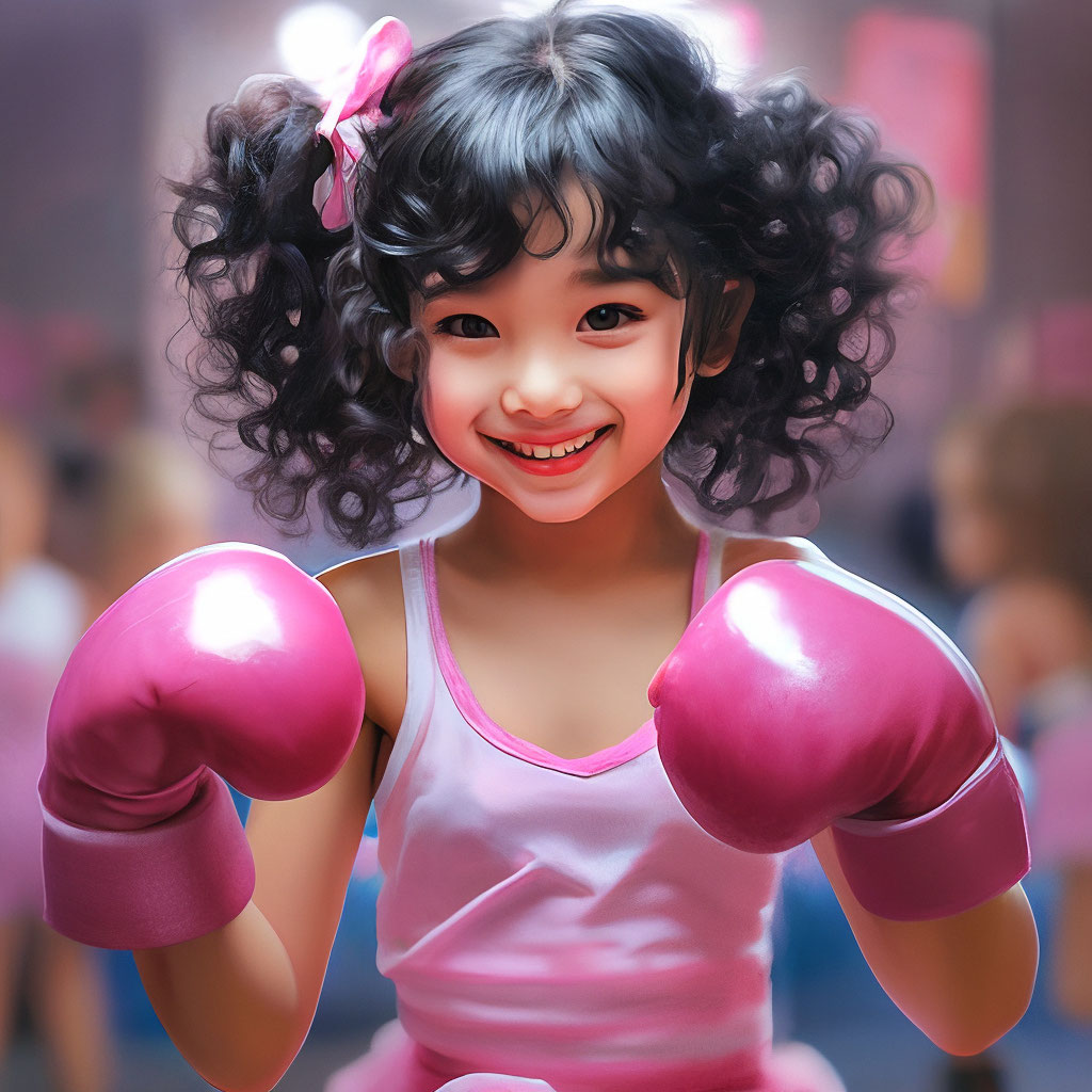 "Girl eight years old sly smile, in a pink tutu, pink boxing gloves ...
