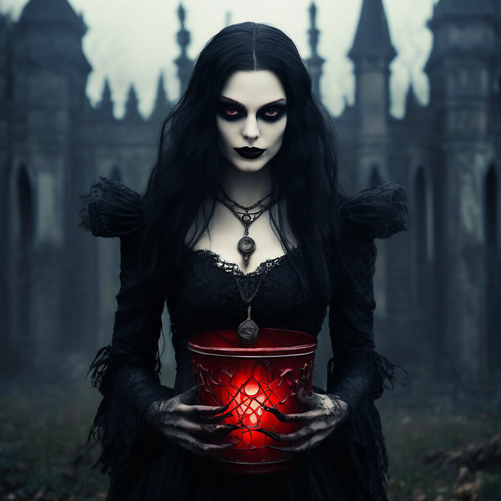 "Horror style, he's a castle,a beautiful necromancer woman, big dark ...