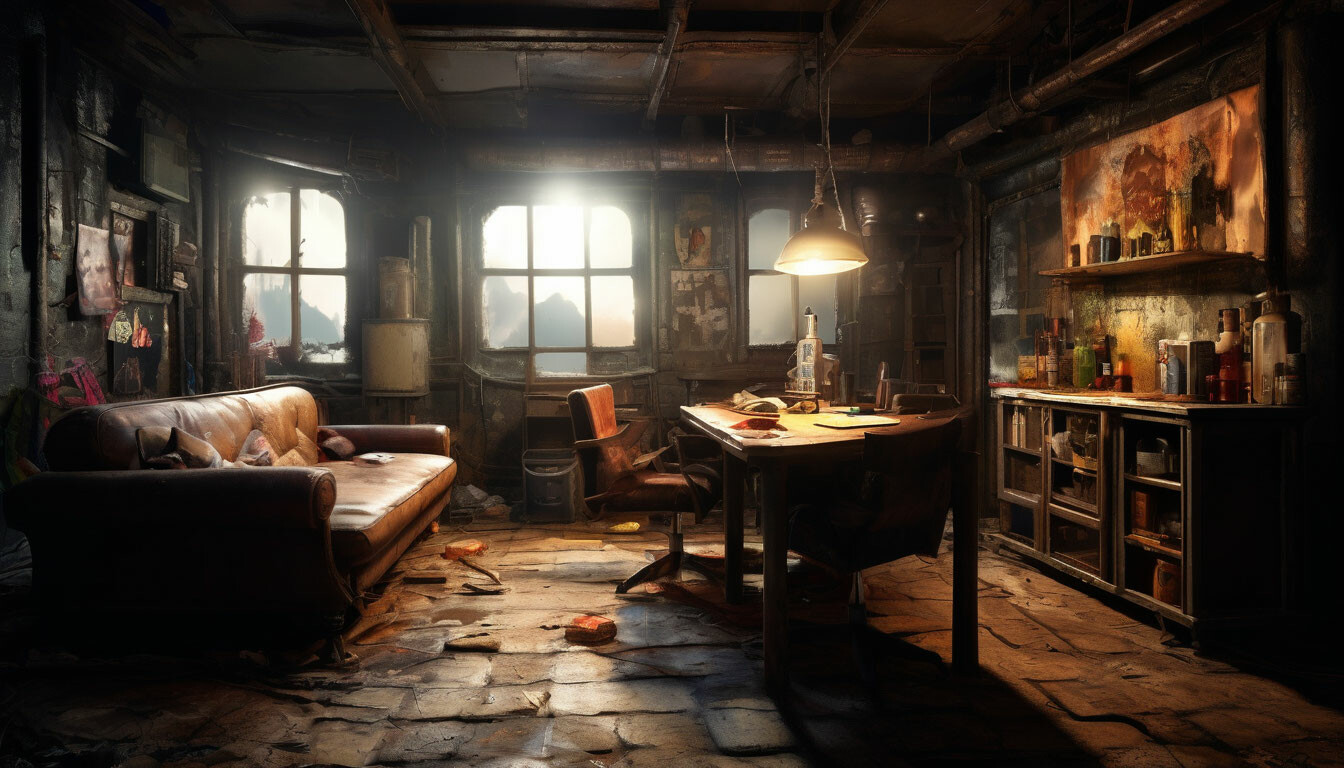 "Room with sofas, mini bar, desk in the corner, post-apocalypse ...