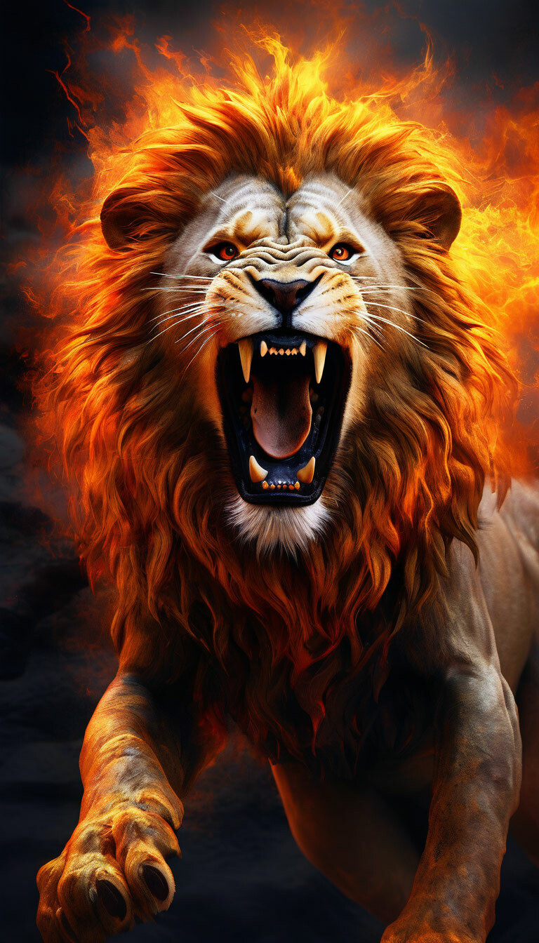 "Lion of magma, mane of filigree lava. clarity.detailed drawing . A ...
