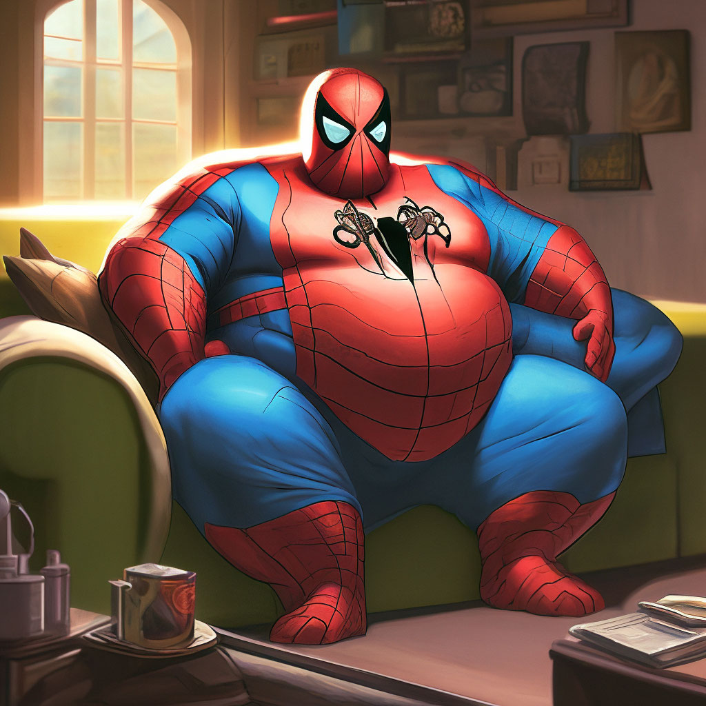 "Spider-Man with a huge belly and a very fat body is sitting at home in ...