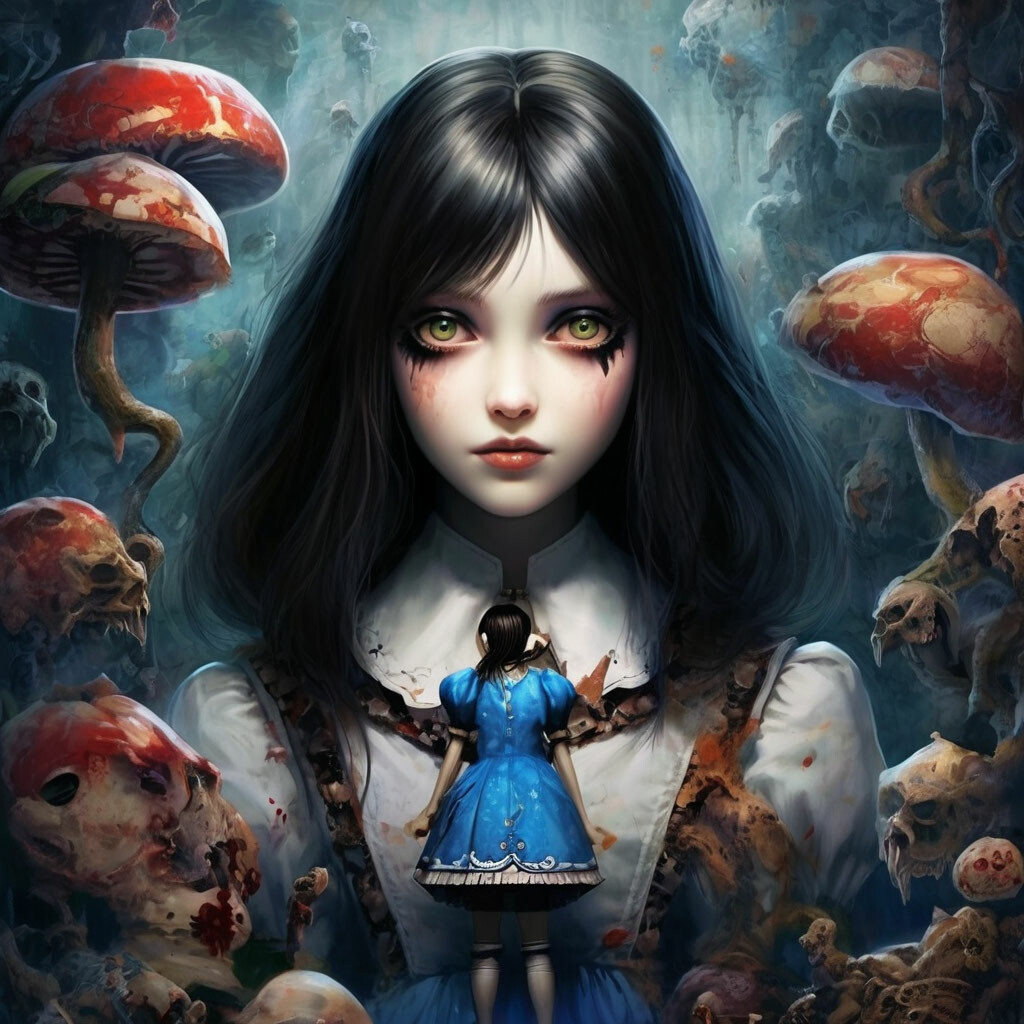 "Alice in the Land of Nightmares" — image created in Shedevrum