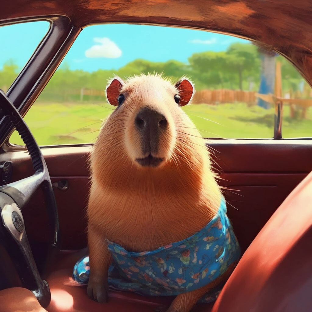 "Capybara summer in the car" — image created in Shedevrum