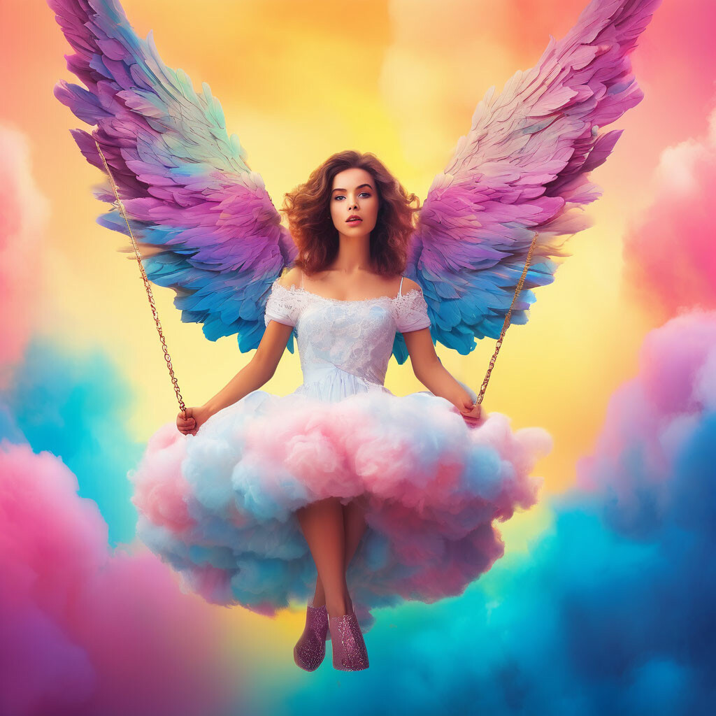"A beautiful girl rides on a winged swing made of peonies in rainbow ...