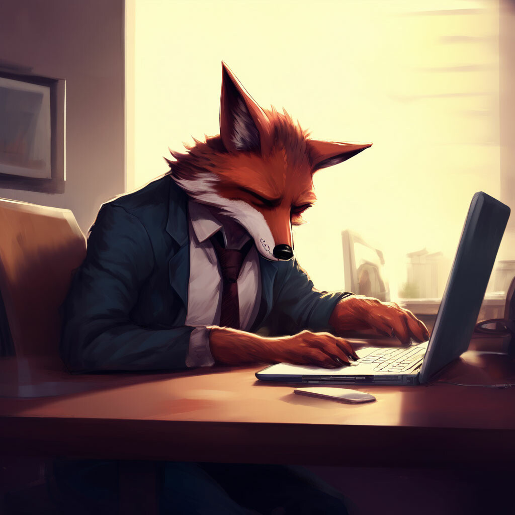 "A tired werewolf fox working in the office" — image created in Shedevrum
