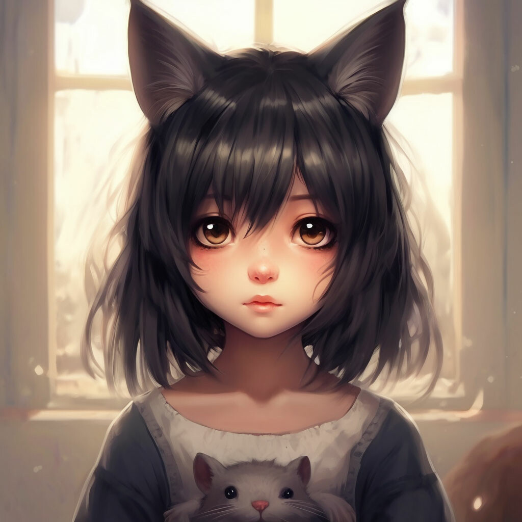 "A cute anime girl with cat ears who has a rat sitting on her face ...