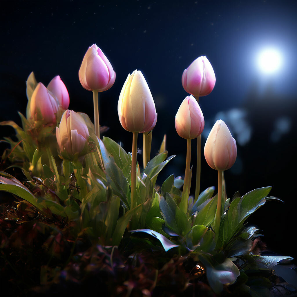 "Closed flowers, night, hyper …" — image created in Shedevrum