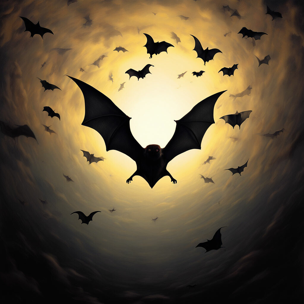 "The flight of bats into the light" — image created in Shedevrum