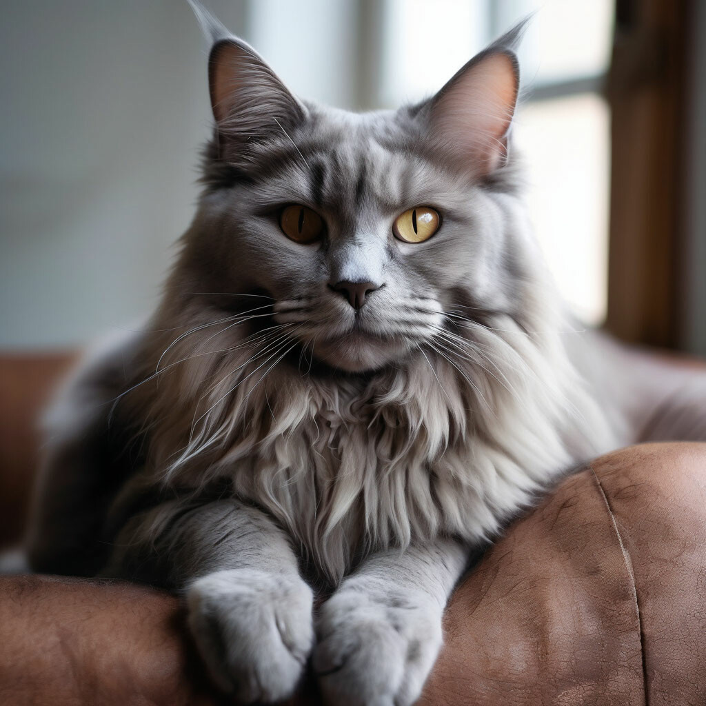 "Grey cat Mei Kun on the couch" — image created in Shedevrum
