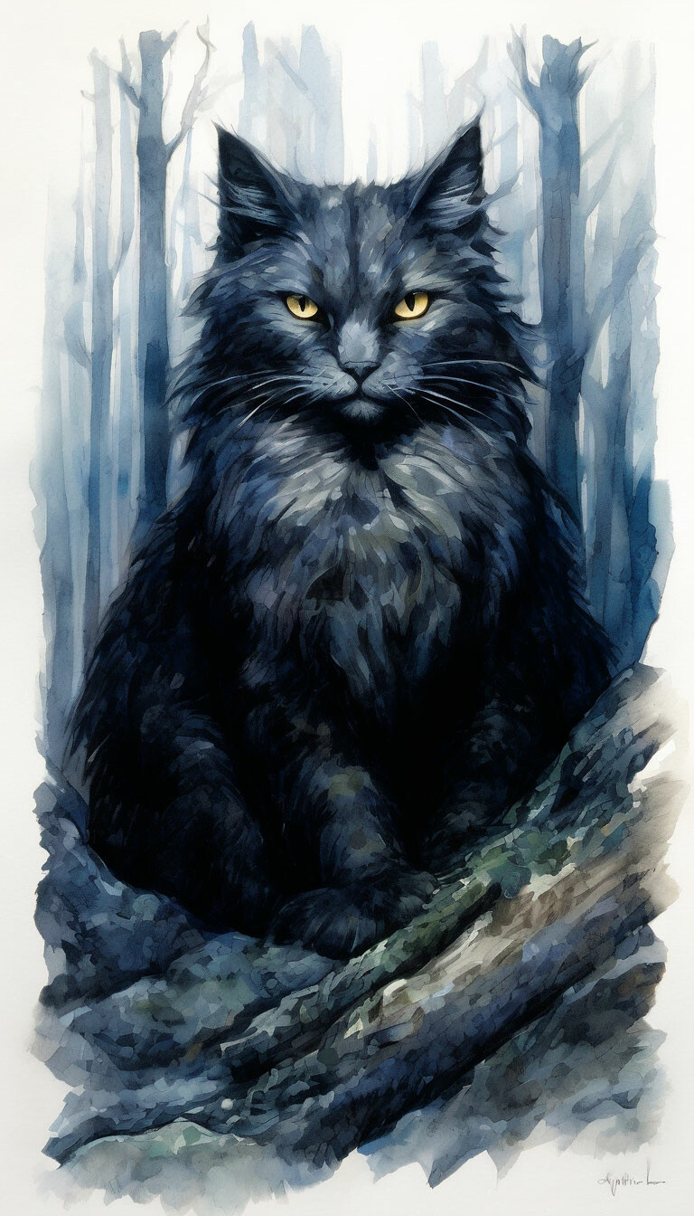 " Cat Bayun in the dark forest art …" — image created in Shedevrum