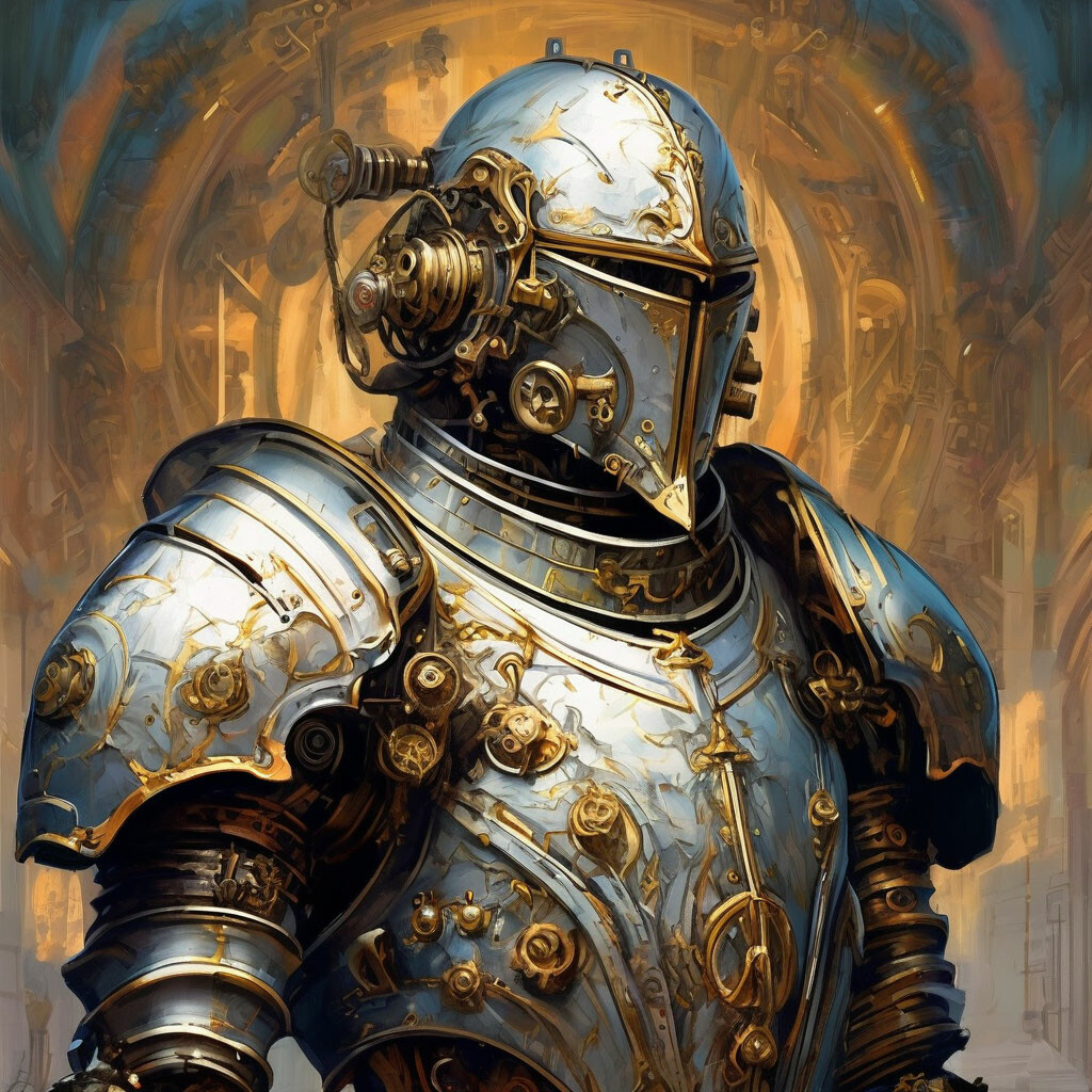 "Noble knight in the style of futuristic robots, otherworldly paintings ...