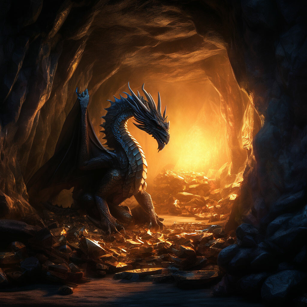 "A majestic dragon guards the …" — image created in Shedevrum