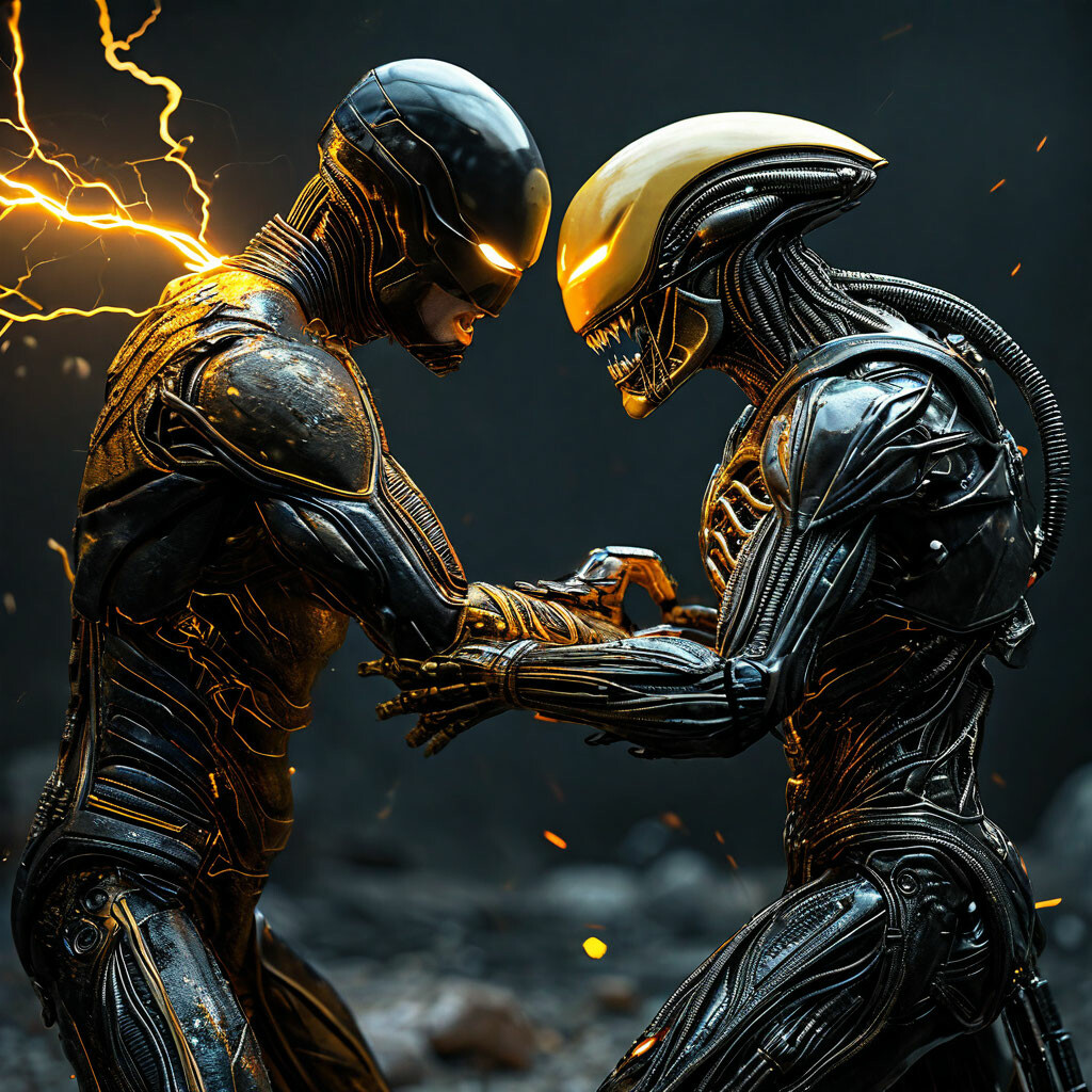 "Hero Flash punches Xenomorph night …" — image created in Shedevrum