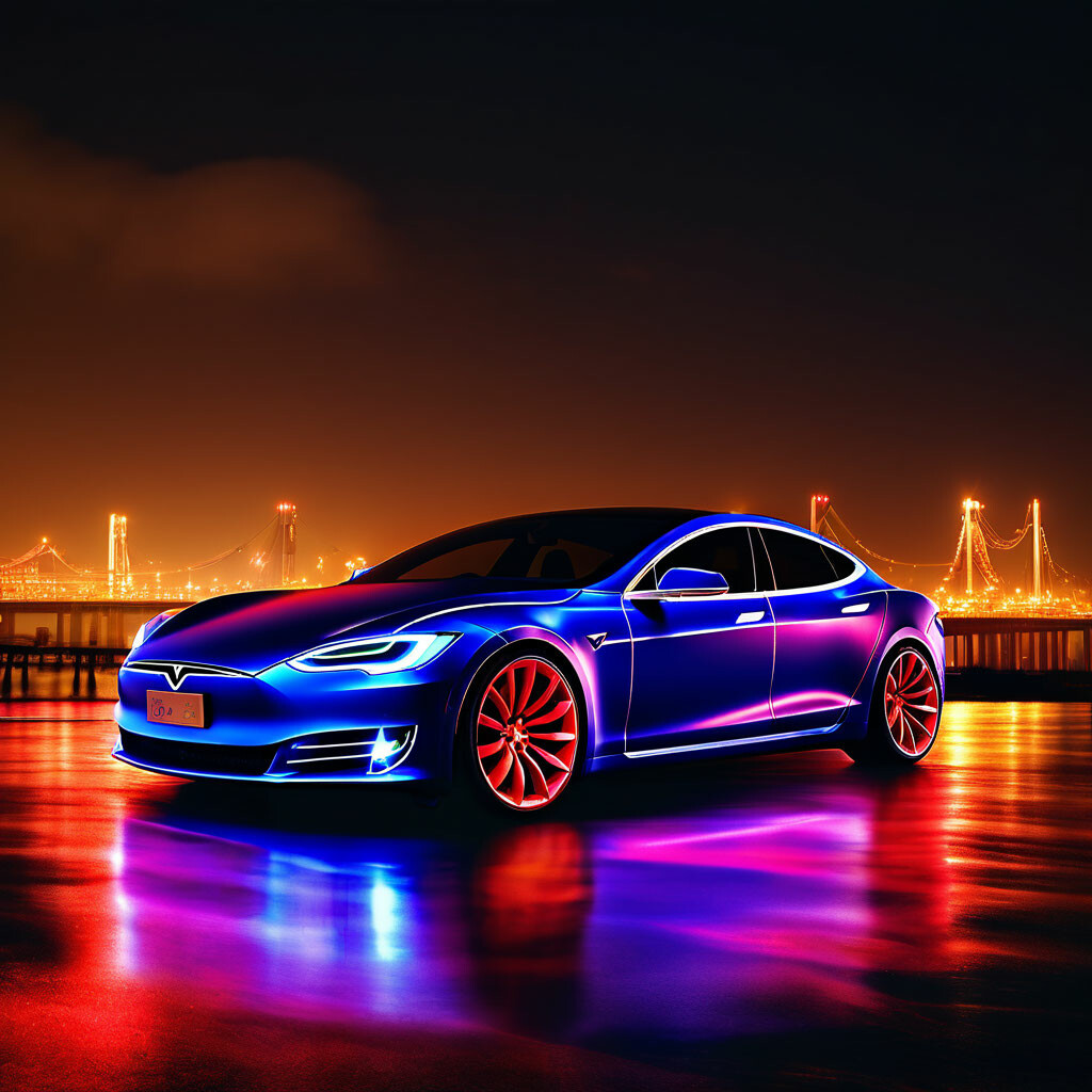 "The neon Tesla on the bridge" — image created in Shedevrum