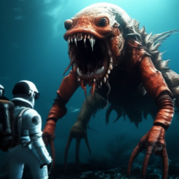 «Underwater in the distance near the surface, a huge giant aggressive ...