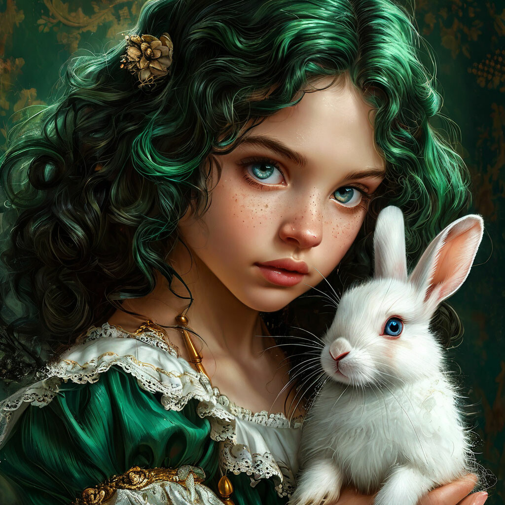 "A girl with a white rabbit looks into Faz eyes emerald hair black ...