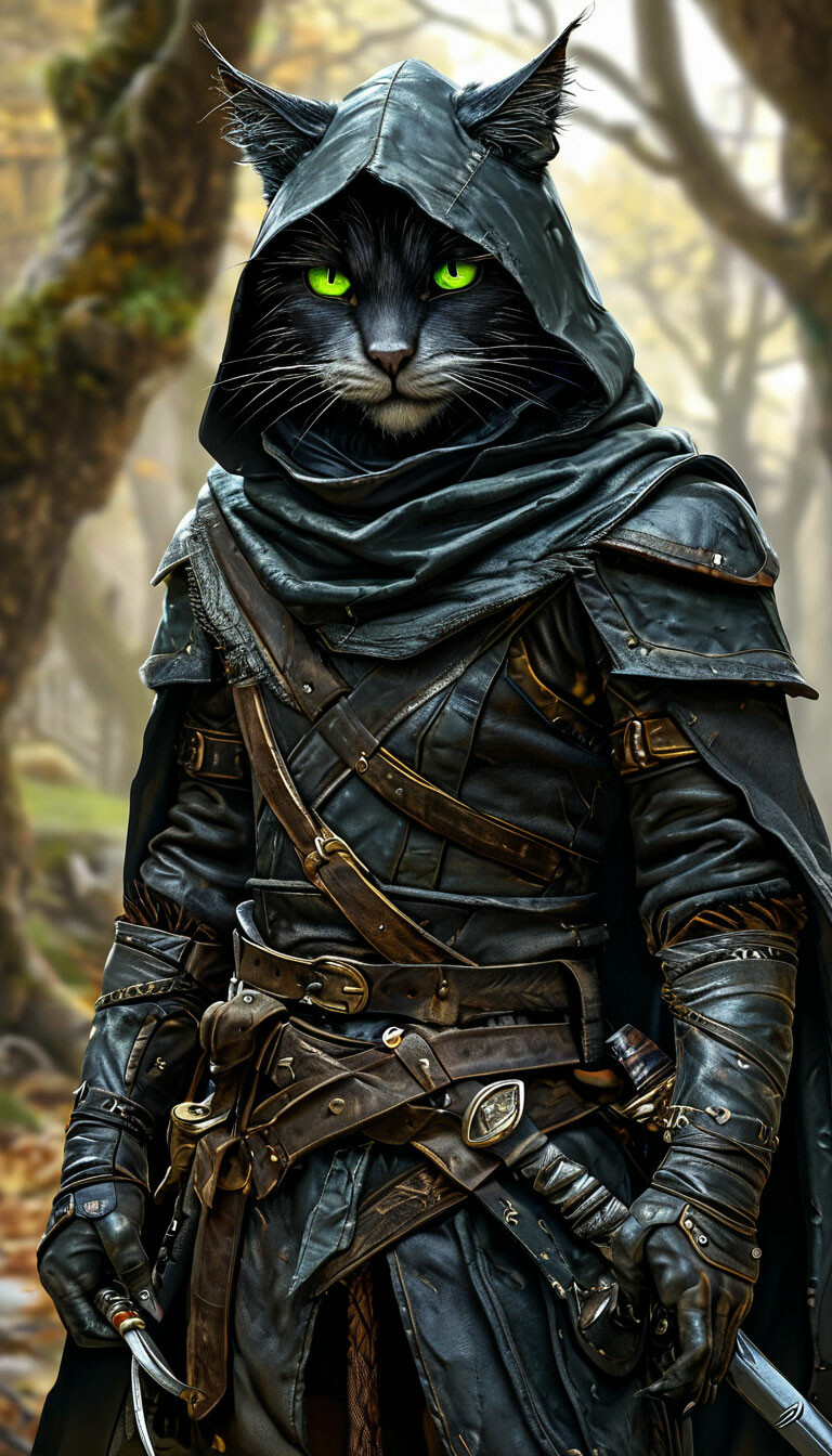 An Adult Rogue Tabaxi With Black Fur And Green Eyes Dressed In