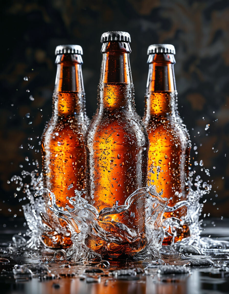 "Beer bottles, mineral water, splash, ice, neutral background ...