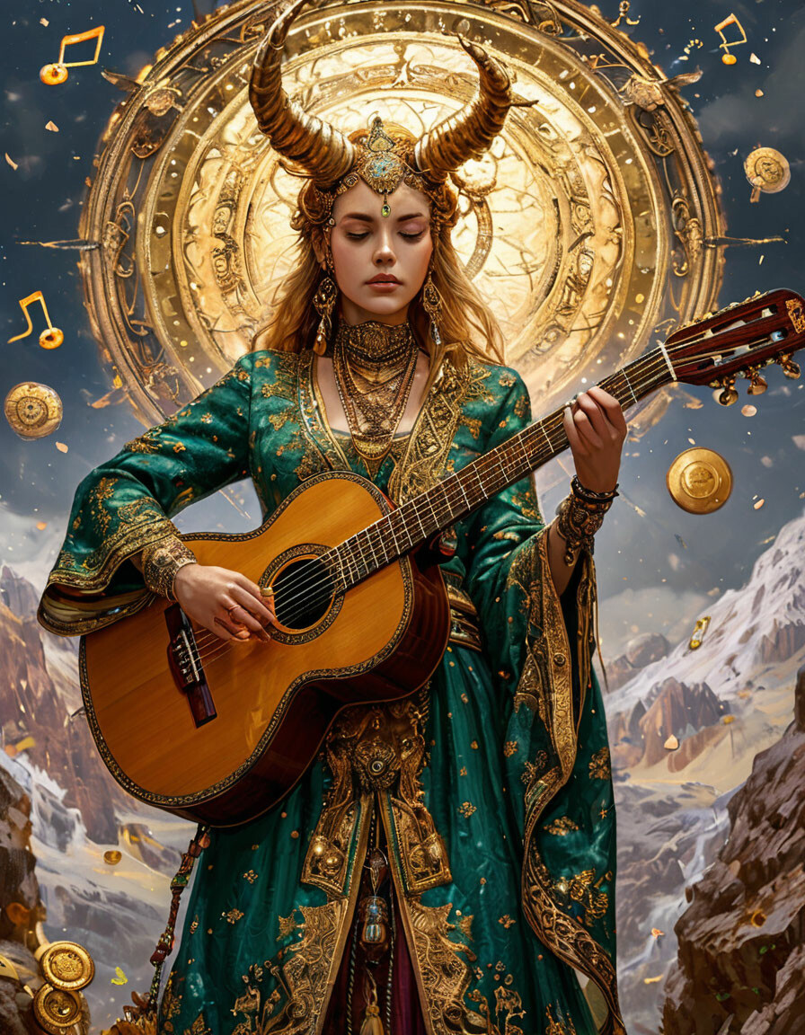 "Mystical female bard in flowing green and gold robes playing acoustic ...