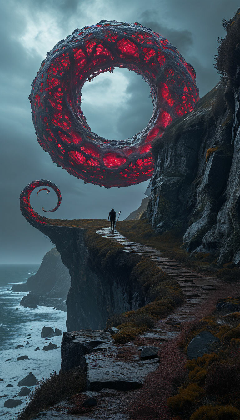 "Corrosive concrete horror neon-ruby-opal-hellish night, guardian of ...