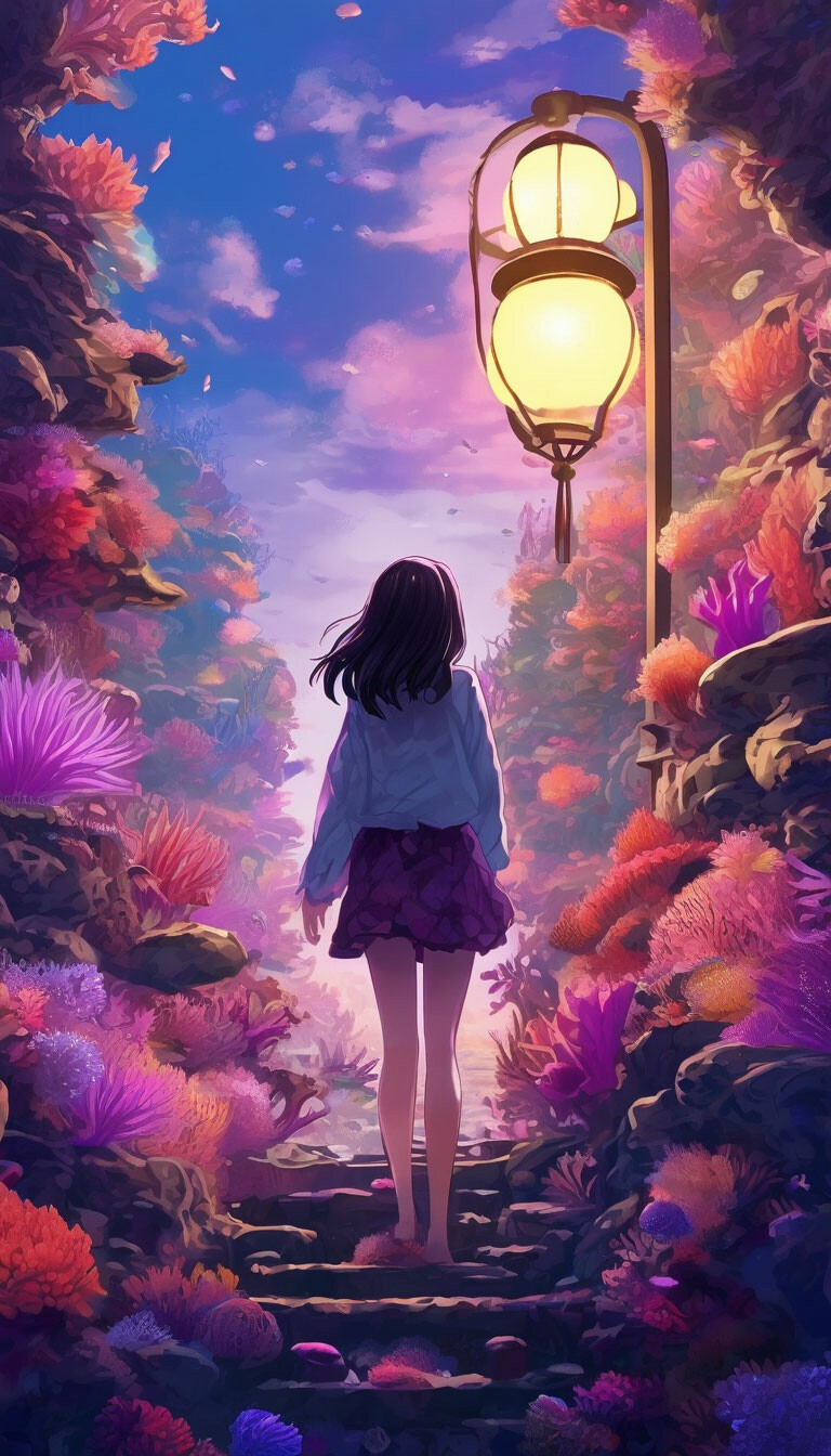 "Girl, mythical oceanic reef of corals and algae, shells, intricate ...