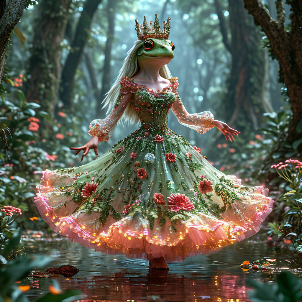 "Frog Queen, gracefully dancing in a …" — image created in Shedevrum