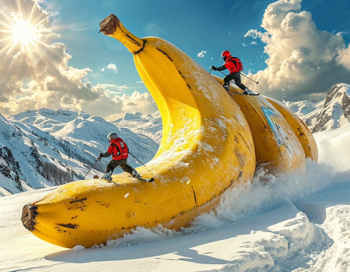 «A giant banana with skiers on it, …» — картинка создана в Шедевруме