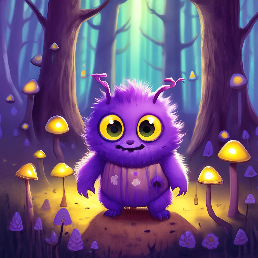 "A cute bug - eyed purple monster wanders through the forest with a ...