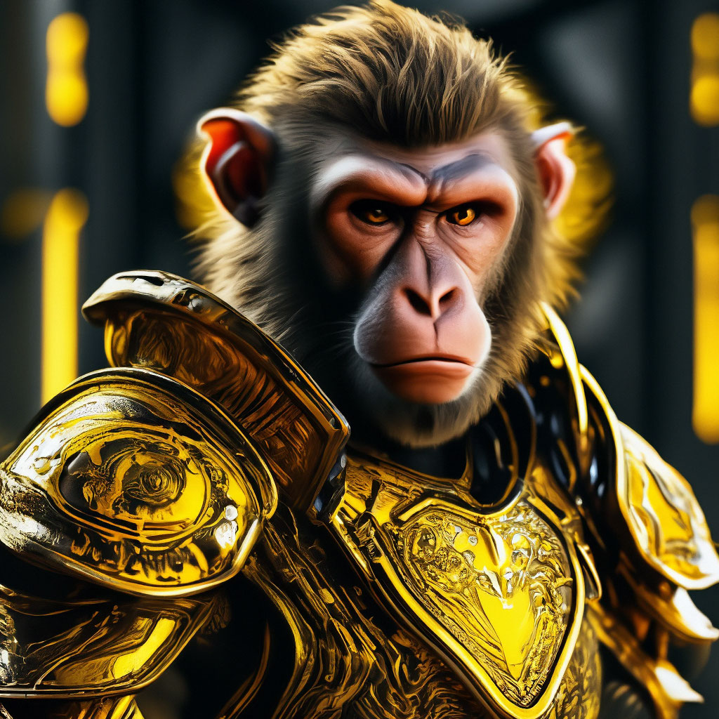"A monkey in armor with yellow neon" — image created in Shedevrum