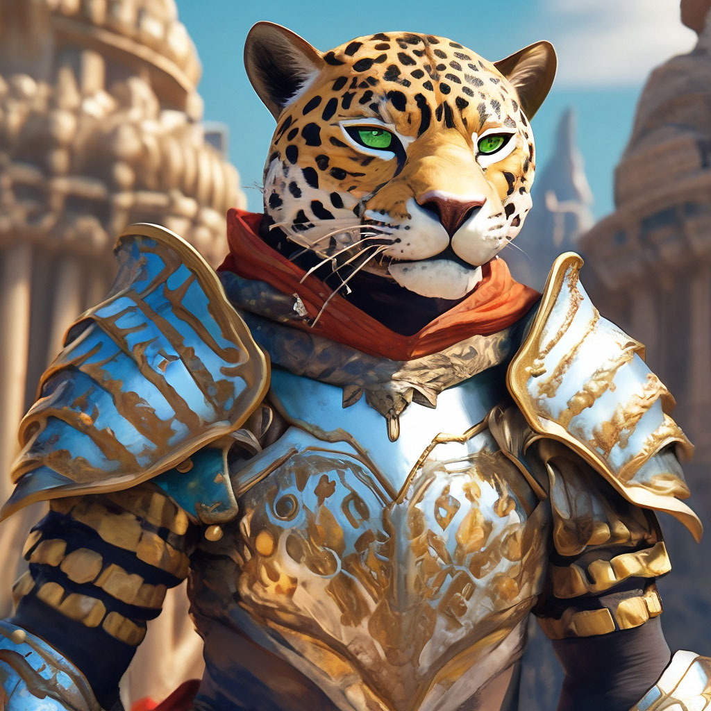 "An anthropomorphic jaguar in armored armor" — image created in Shedevrum