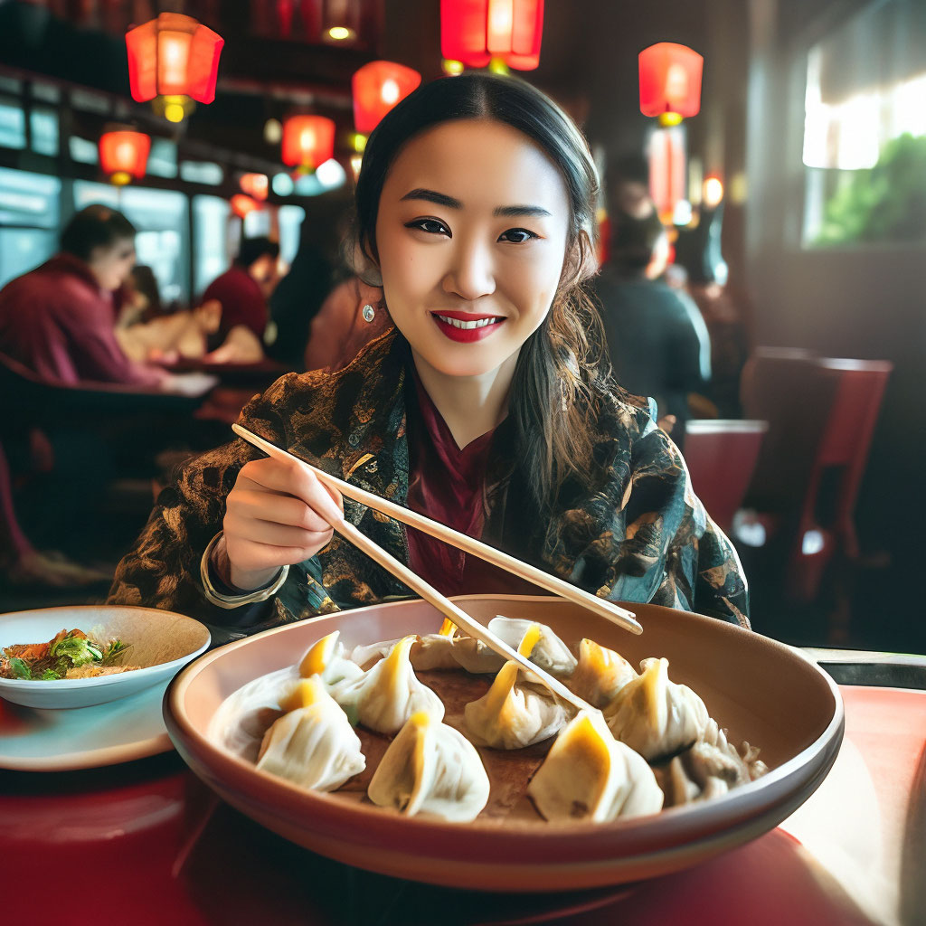 "I eat dumplings in a Chinese restaurant" — image created in Shedevrum