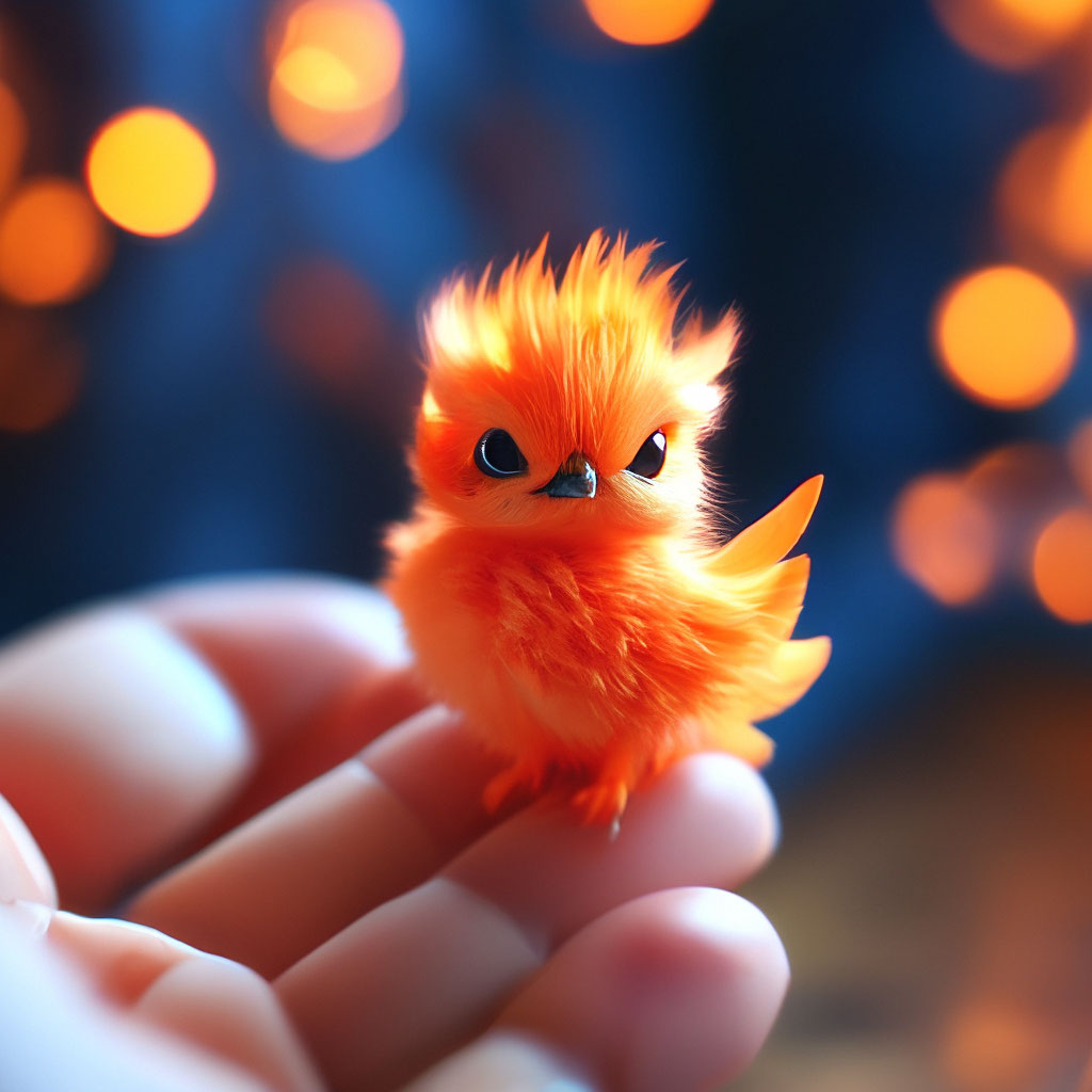 "A small,tiny,cute, fluffy phoenix, a light orange light comes from it ...