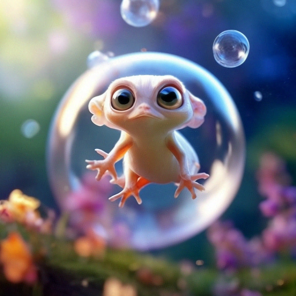 "Booger flying in the sky in a soap bubble, cute, kind, funny, gentle ...